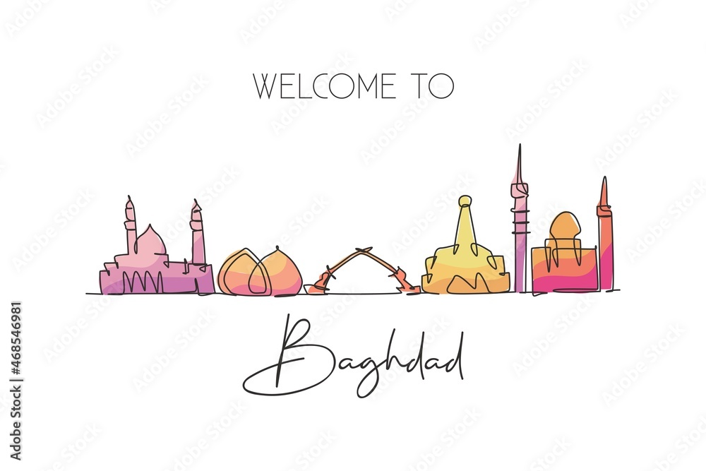 Single continuous line drawing of Baghdad city skyline, Iraq. Famous ...
