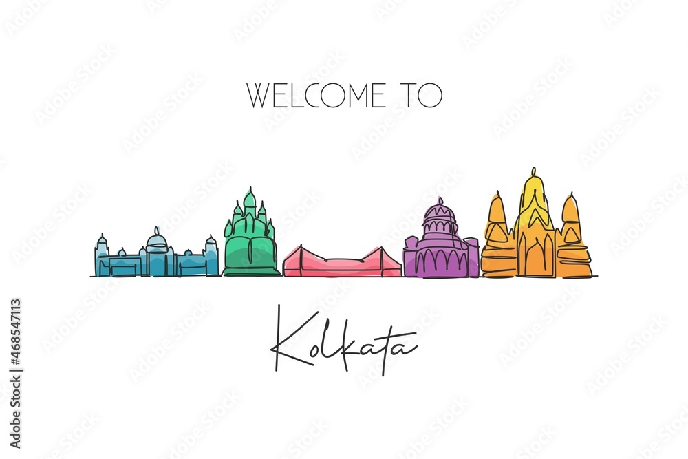 One single line drawing of Kolkata city skyline, India. Historical town ...
