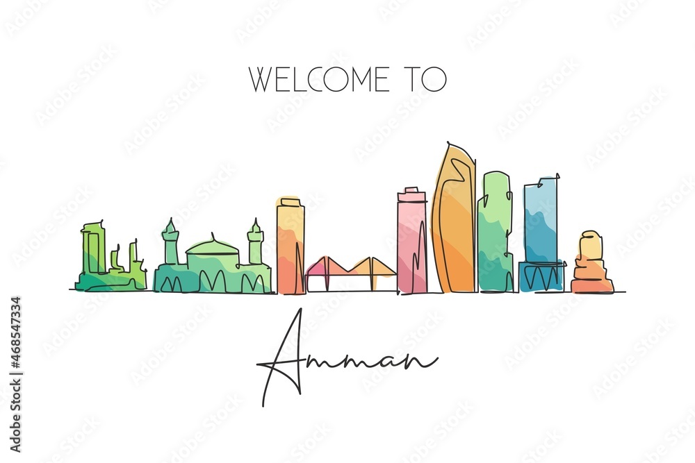 One single line drawing of Amman city skyline, Jordan. Historical town ...
