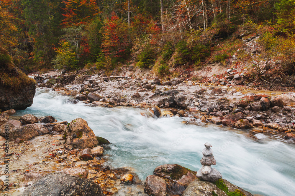 Fast moving river with lots of water in the gorge near the Wimbachklamm ...