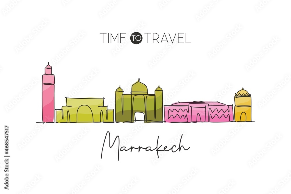 One single line drawing of Marrakesh city skyline, Morocco. Historical ...