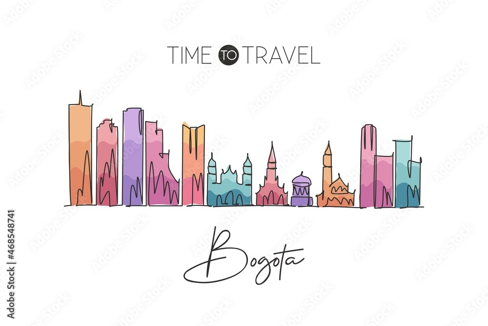 Vecteur Stock Single continuous line drawing Bogota city skyline ...