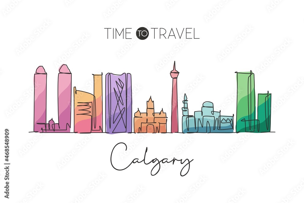 Single continuous line drawing of Calgary city skyline, Canada. Famous ...