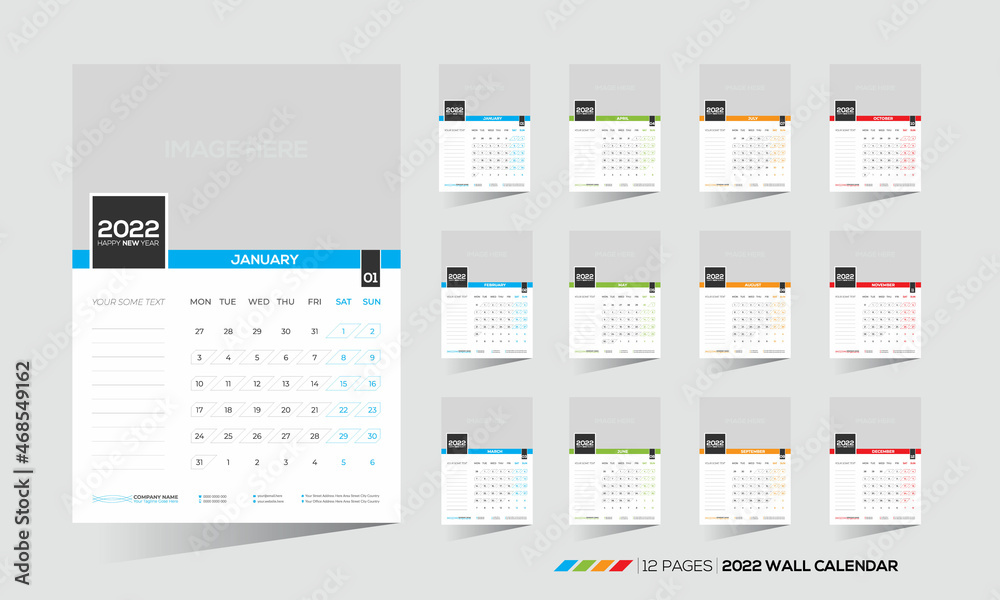 4 colored 12 month 12 pages 2022 wall calendar design for personal or ...
