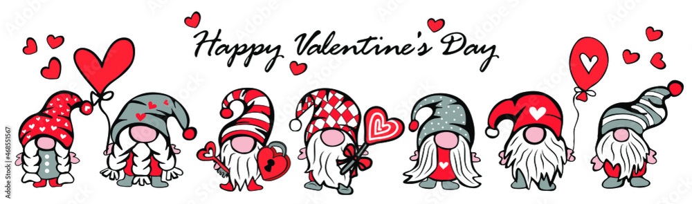 Set of cute gnomes for valentine day with hats, balloons and hearts ...