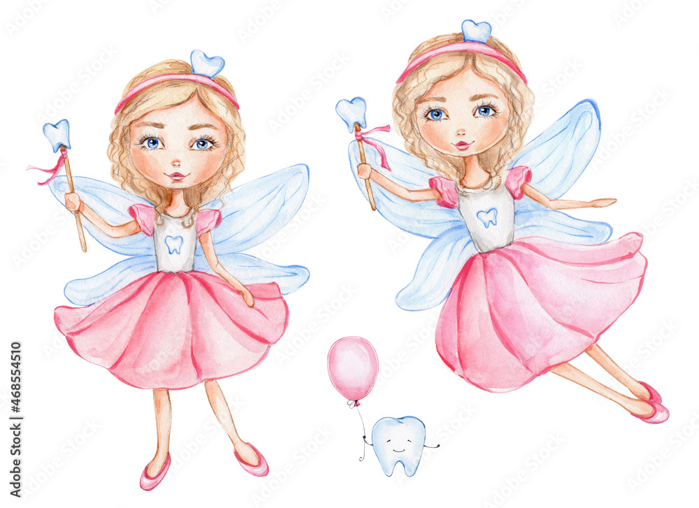 Tooth fairy set; watercolor hand drawn illustration; with white ...