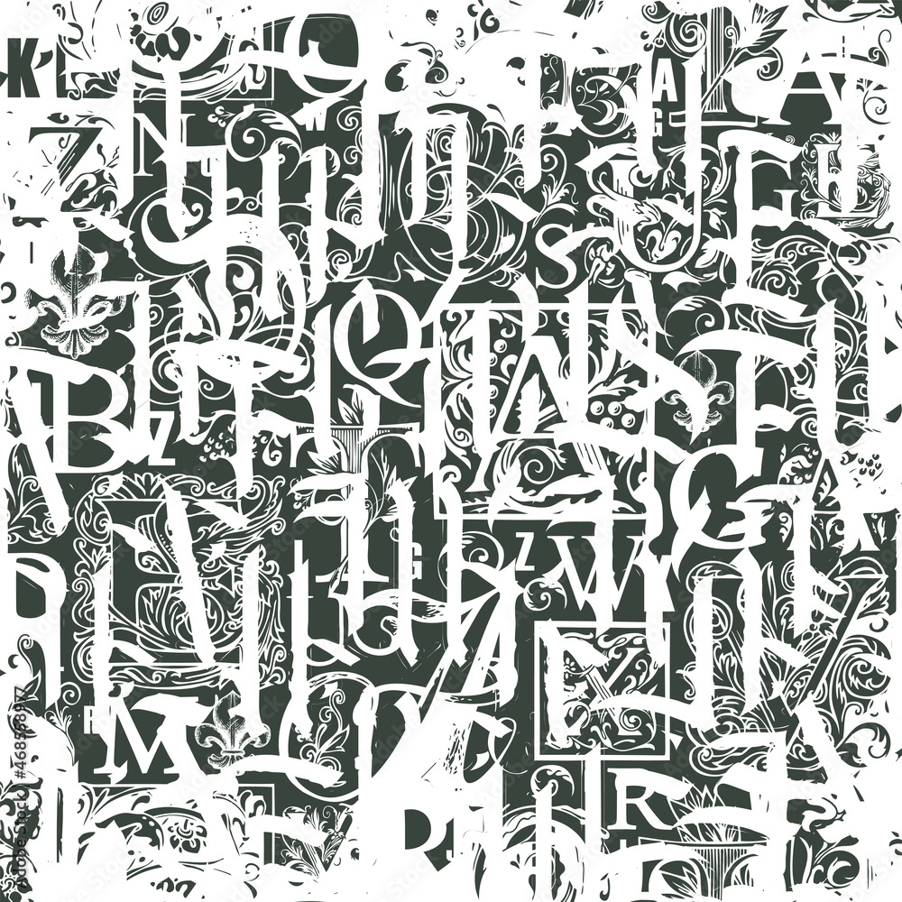 Abstract seamless pattern with gothic capital letters and hand-drawn ...