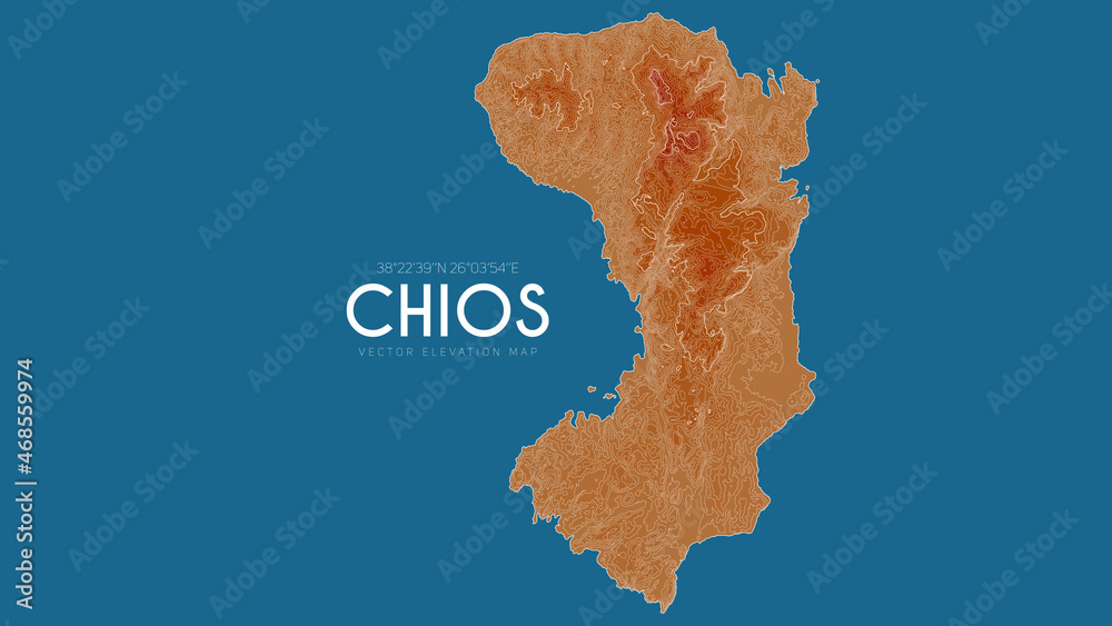 Topographic map of Chios, Greece. Vector detailed elevation map of island. Geographic elegant ...