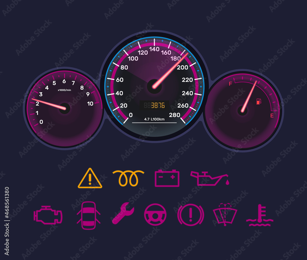 Realistic neon light automobile dashboard indicator interface. Counter ...