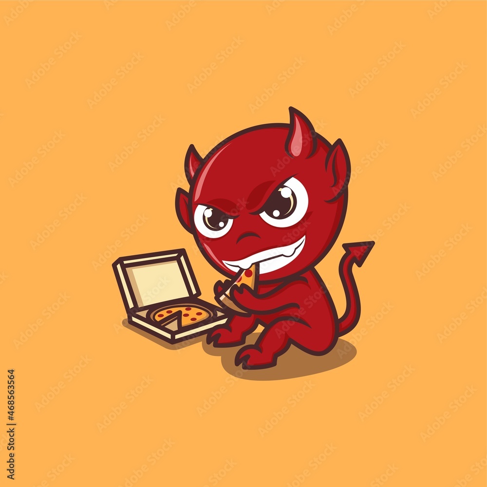 cute cartoon devil eating pizza. vector illustration for mascot logo or ...