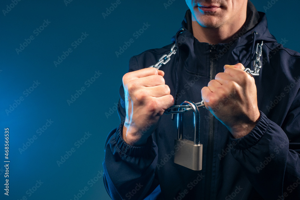 A man with chain around his neck. Metaphor of restriction of human ...