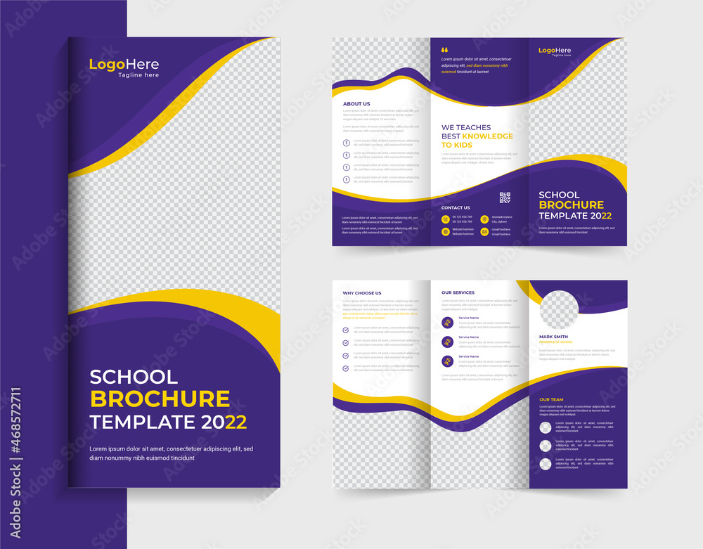 School education trifold brochure design template layout with purple ...
