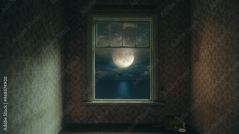 Full Moon Over Ocean View From Window Inside House, Zoom In. Zoom in ...