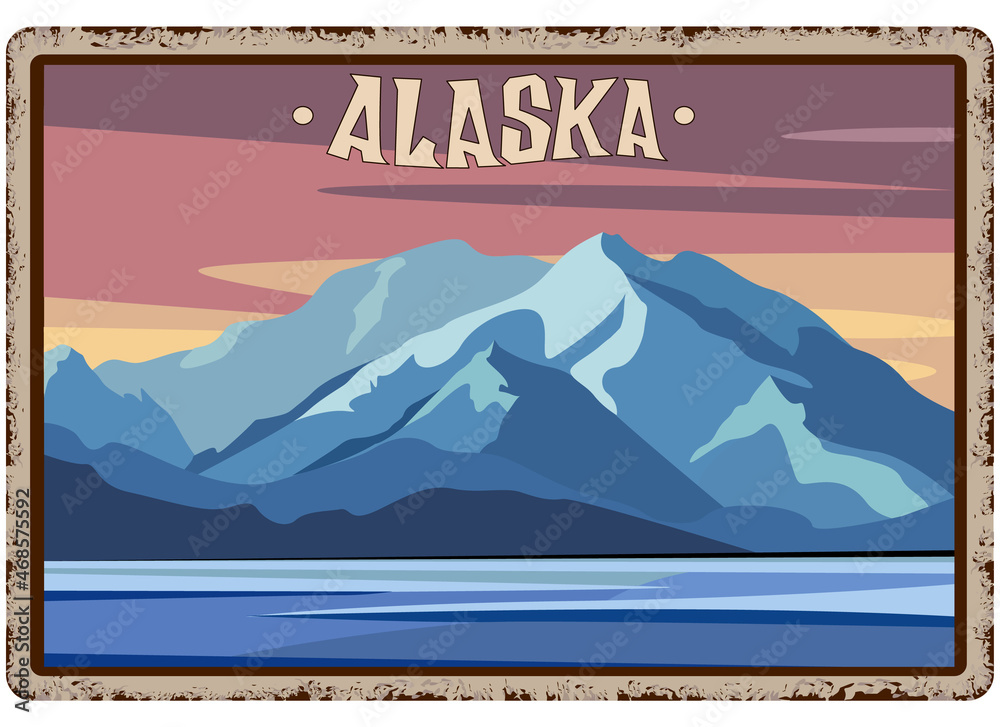 Alaska travel retro poster design. Traveling in the mountains, climbing ...