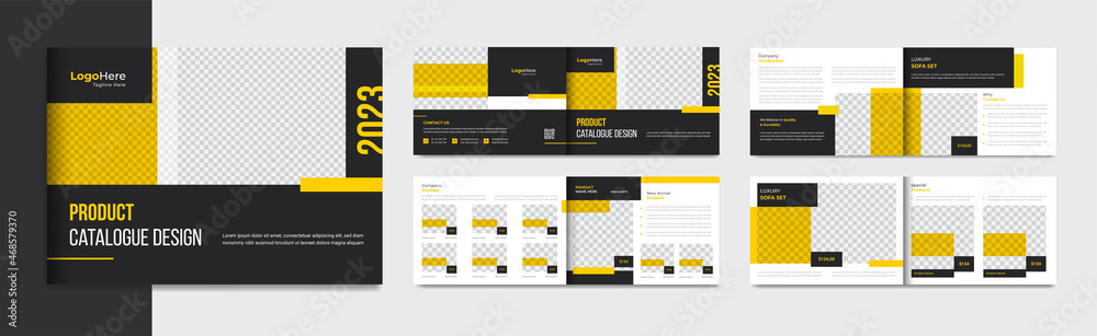 Landscape product catalogue brochure design template layout with yellow ...
