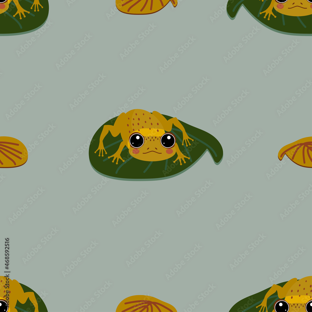 Seamless pattern with cute, cartoon frogs sitting on a water lily leaf ...