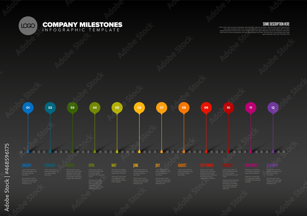 Infographic full year timeline template made from color droplet ...