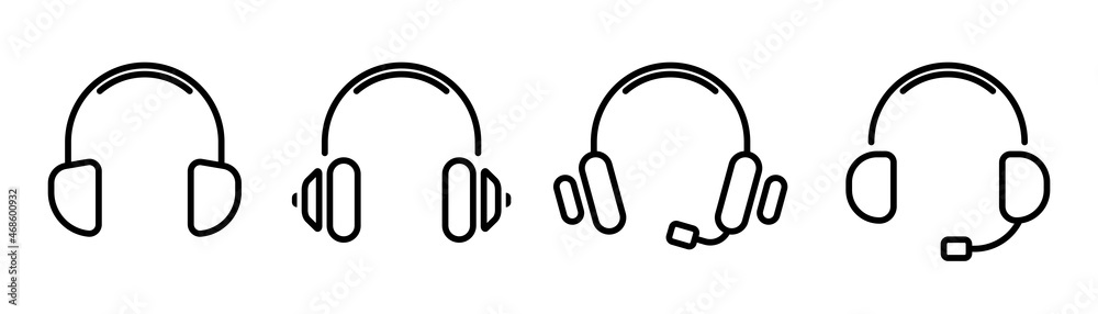 Outline headphone icon set. Black headset icons. Contact us headphone ...