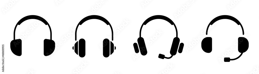 Headphone icon set. Black headset icons. Contact us headphone. Support ...