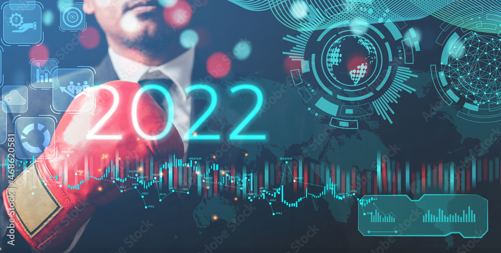 2022 concept, future world metaverse. A business man wearing VR boxing ...