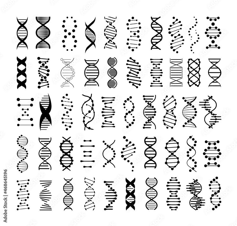 Collection of monochrome DNA icons. Black and white DNA spirals in a ...