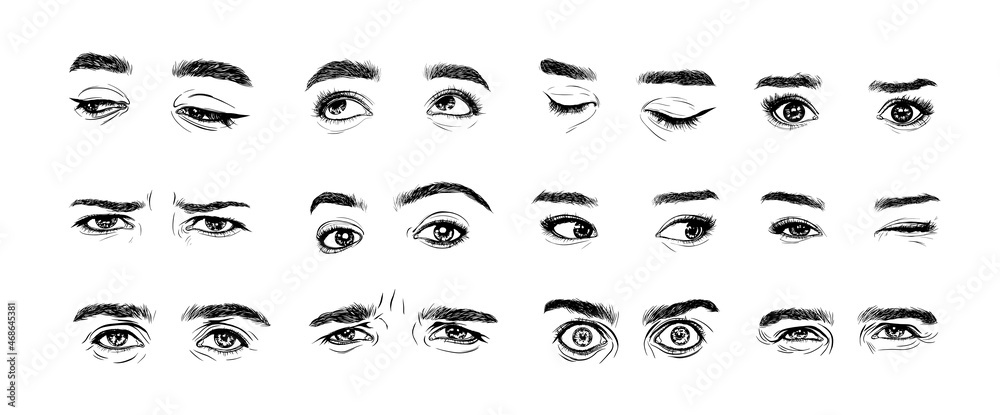 Set of human eyes in art inc style. Sketches of the eyes of a woman and ...