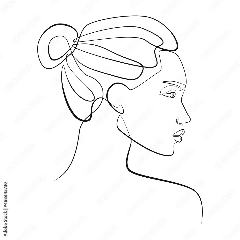 Close up woman face side view line art on white isolated background ...