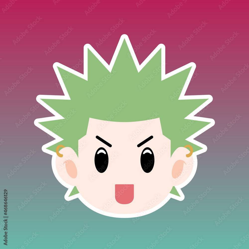 Cartoon illustration of a men face with punk spiky hair in a flat style ...