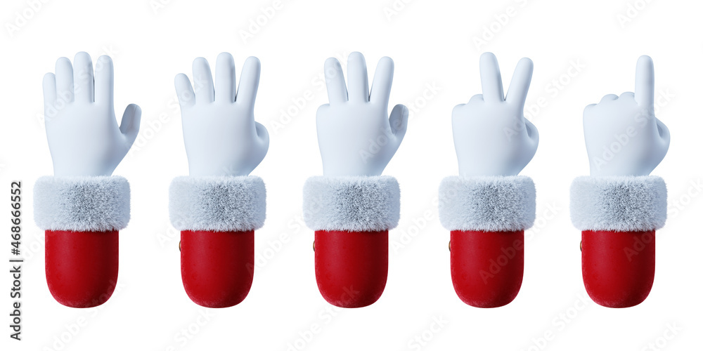 3d render, Santa Claus cartoon character hands, fingers show numbers ...