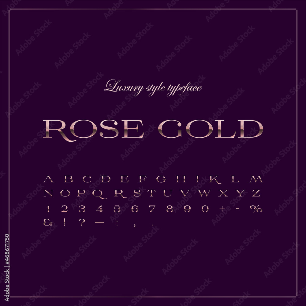 Pink gold. Luxury style font. Uppercase letters, numbers, signs and ...