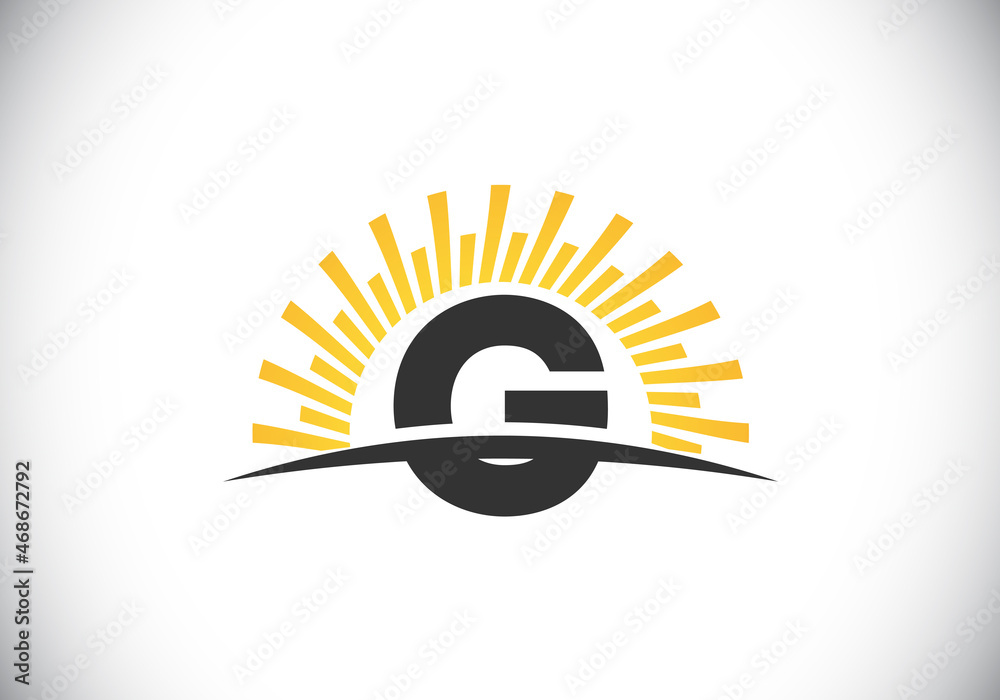 Initial G monogram alphabet with the abstract sun and swoosh. Sunburst ...