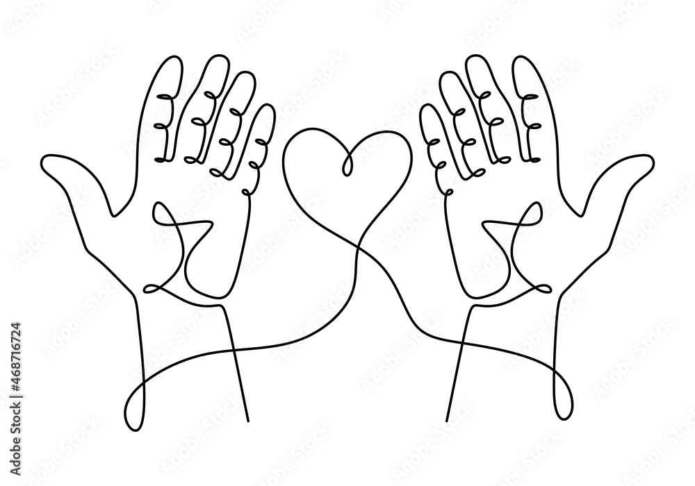 Hand with heart love symbols, continuous one line drawing. Stock Vector ...