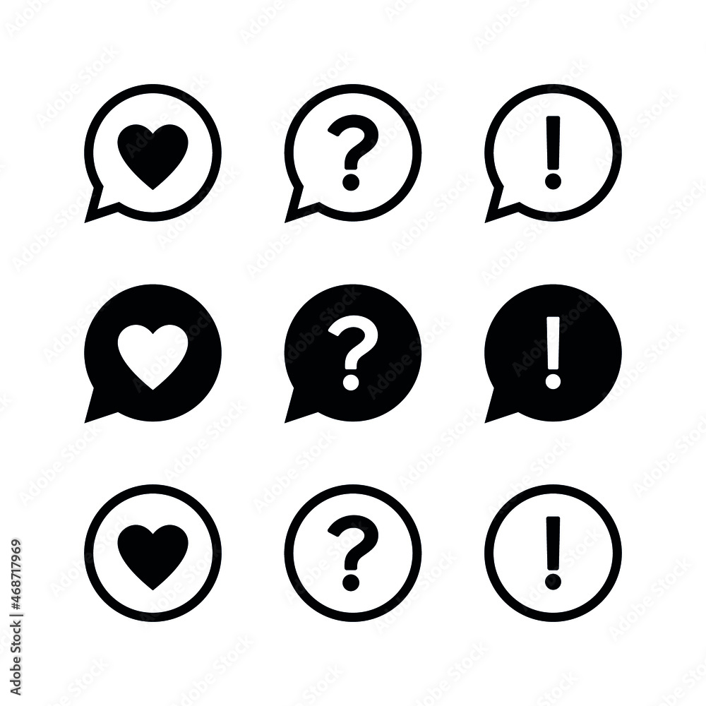 Icon set. Heart, exclamation and question marks in speech bubble icon ...