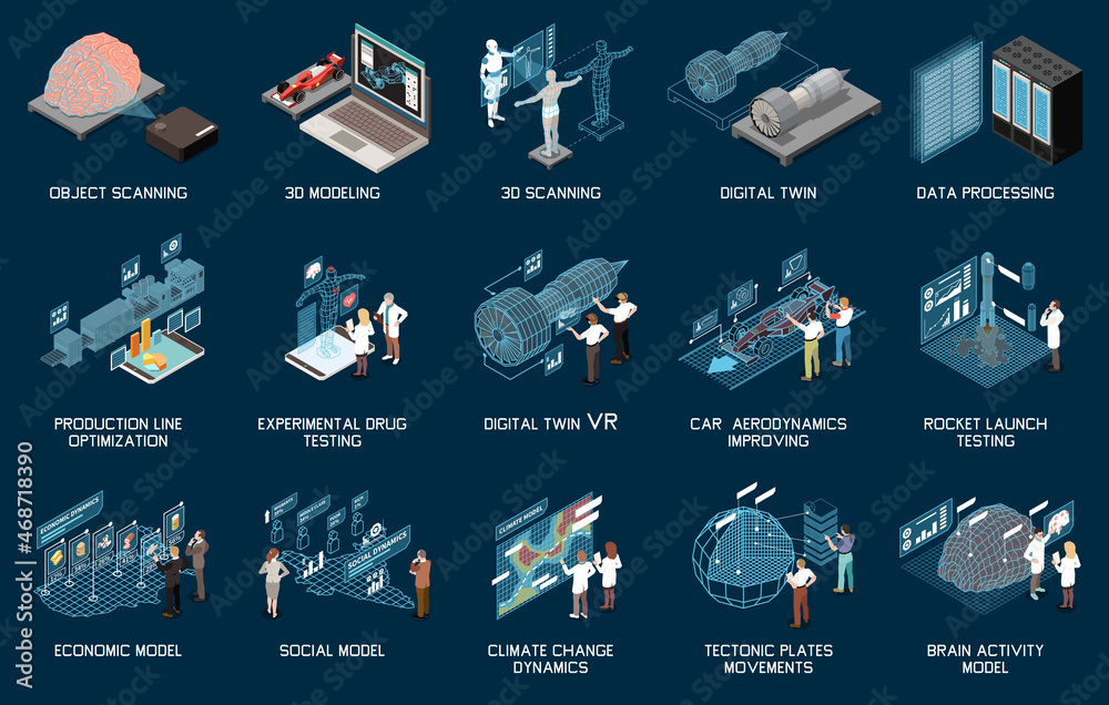 Digital Twin Technology Set Stock Vector | Adobe Stock