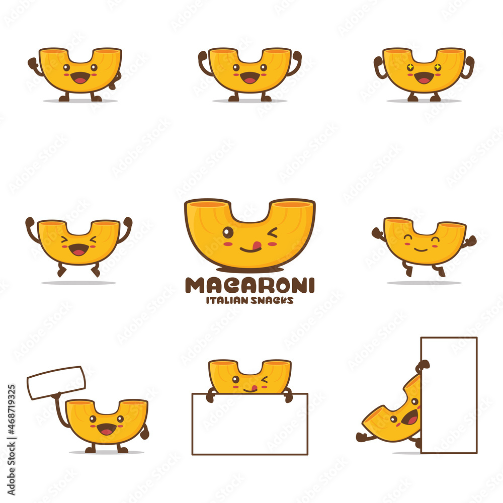 cute macaroni cartoon mascot. pasta vector illustration, with happy ...