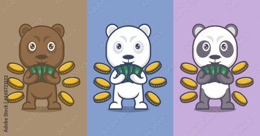 polar bear and cute cartoon panda rich in money and coins. vector ...