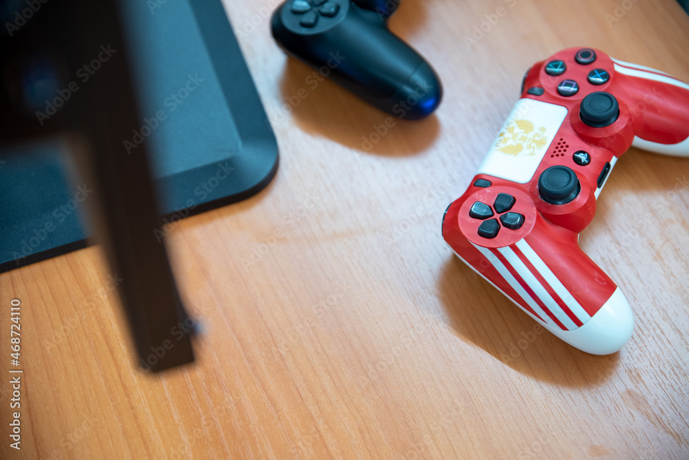 Focus on Hands, Keyboards and Mouse. Back view of young gamer playing ...