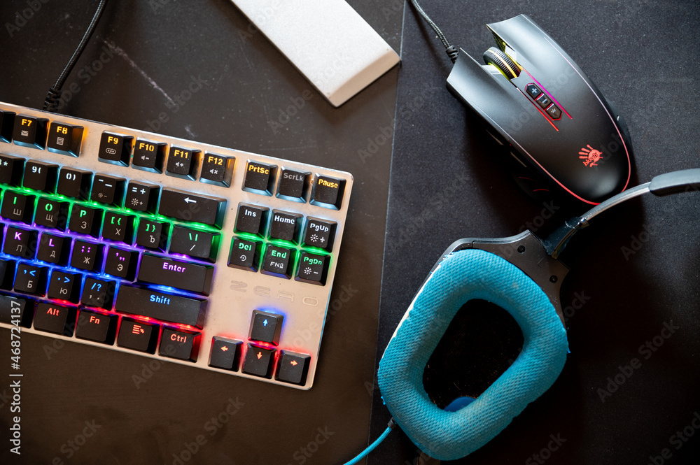 Focus on Hands, Keyboards and Mouse. Back view of young gamer playing ...