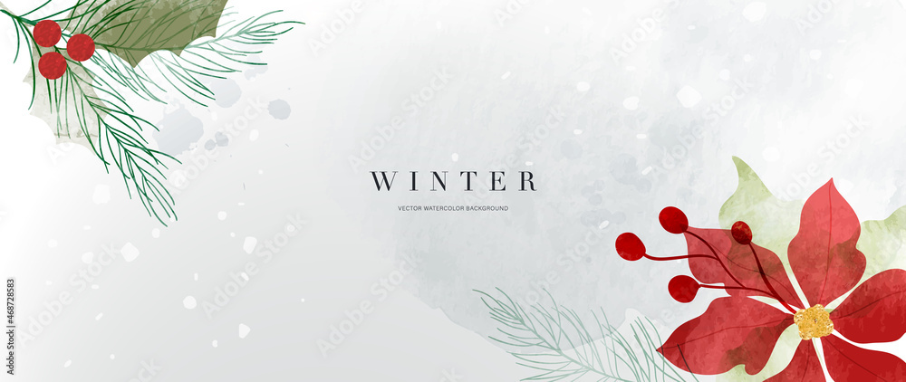 Winter background vector. Hand painted watercolor and gold brush ...