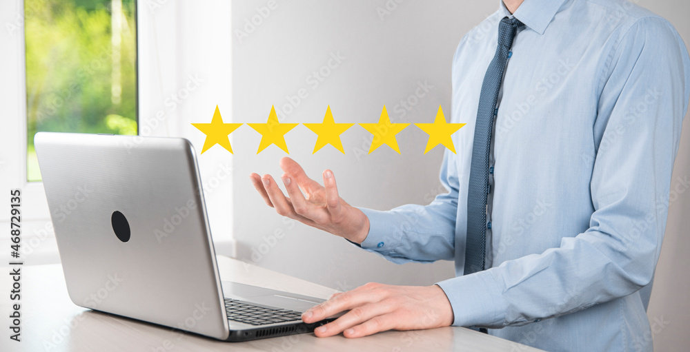 Man hand showing on five star excellent rating.pointing five star ...