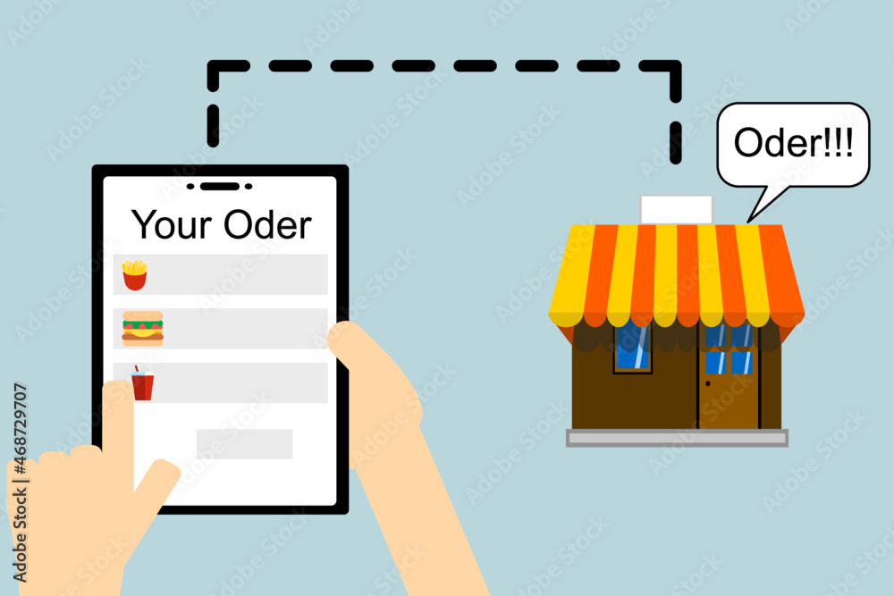 flat design Food delivery app on a Tablet.hand holding tablet, E ...
