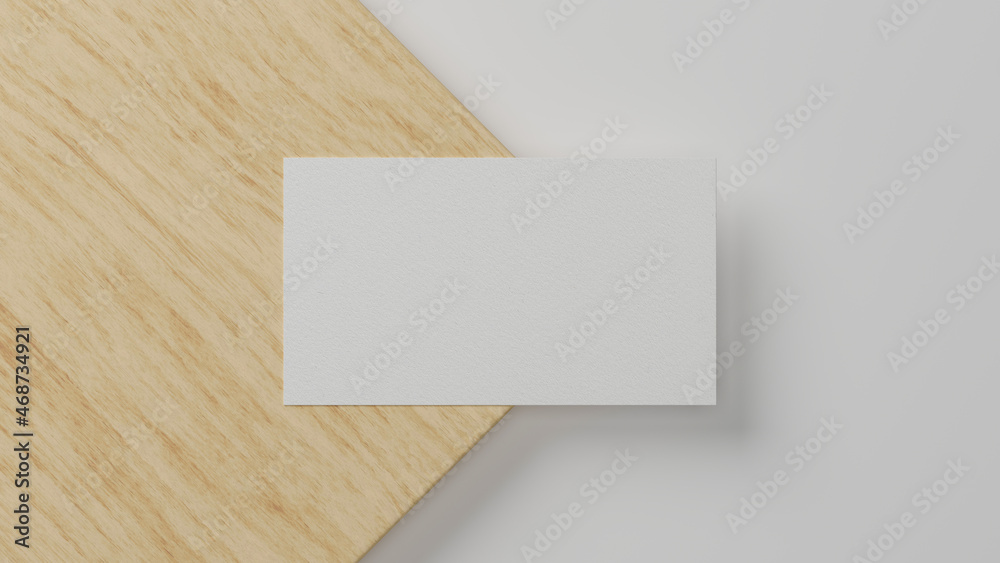 Blank business card over minimal wood and white material background ...
