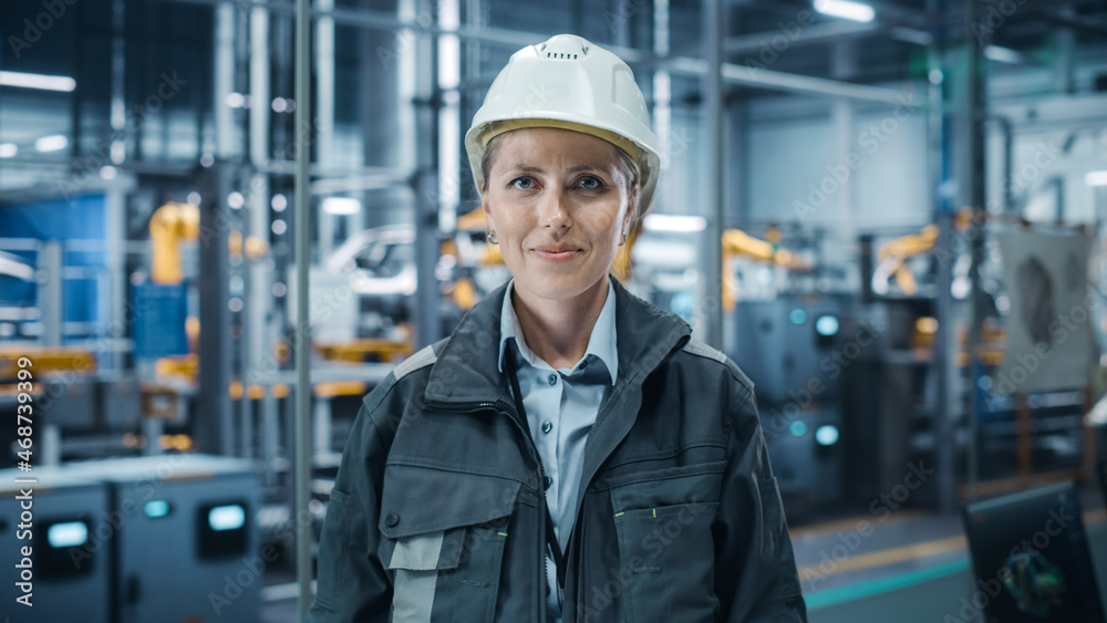 Car Factory Office: Portrait of Female Chief Engineer Wearing Hard Hat ...