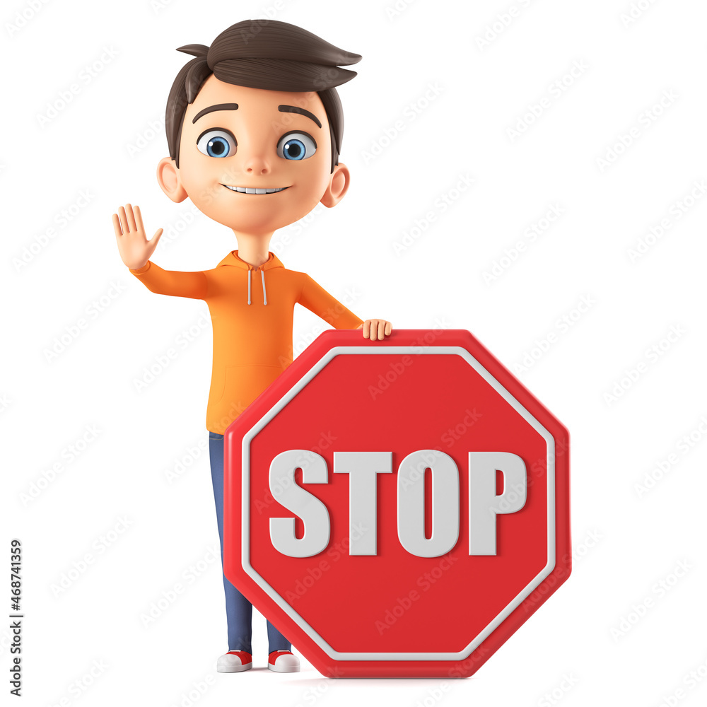 Cartoon character boy in orange sweatshirt and big stop sign on white ...