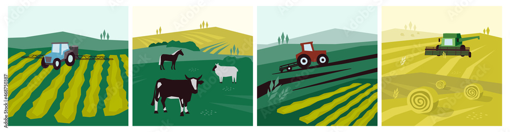 Agriculture, farm animals, tractor, combine harvester, livestock ...