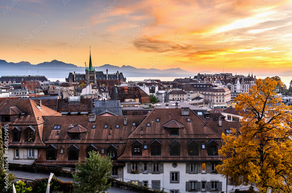 Cityscape sunset of the old city of Lausanne In Switzerland. Background ...