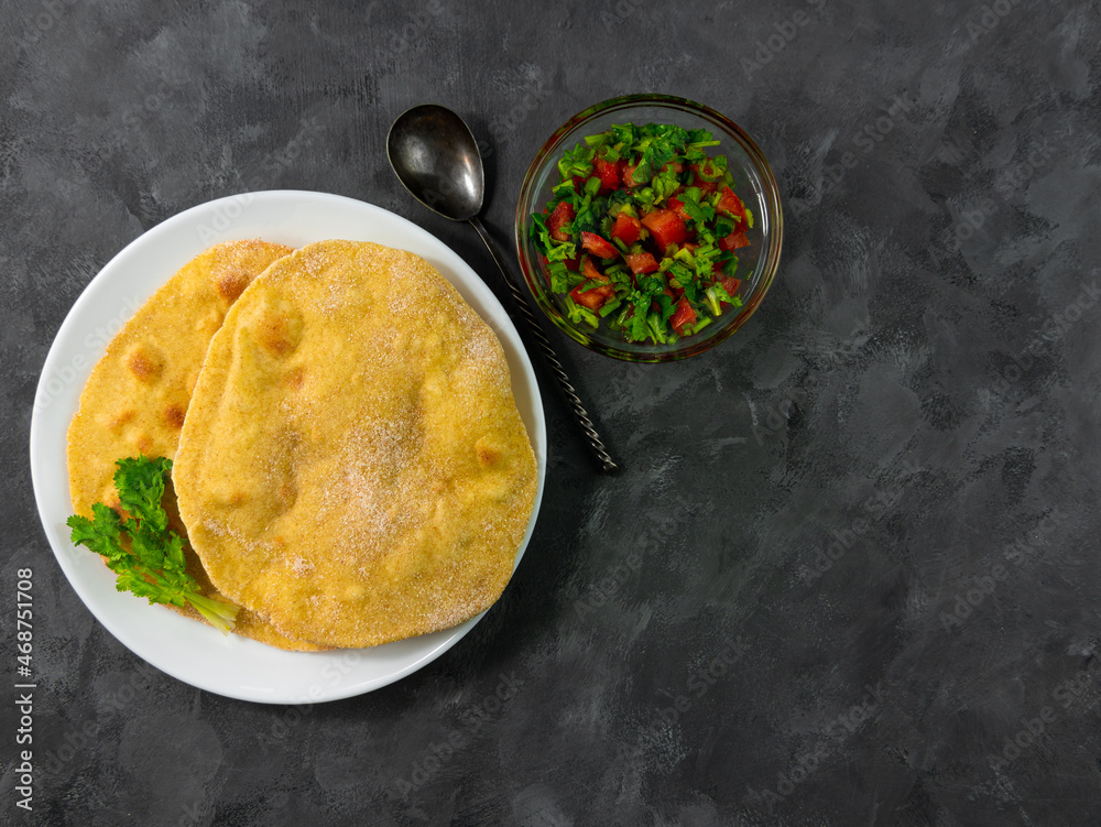 Homemade corn flatbread with cilantro greens tomato salsa. Handmade ...