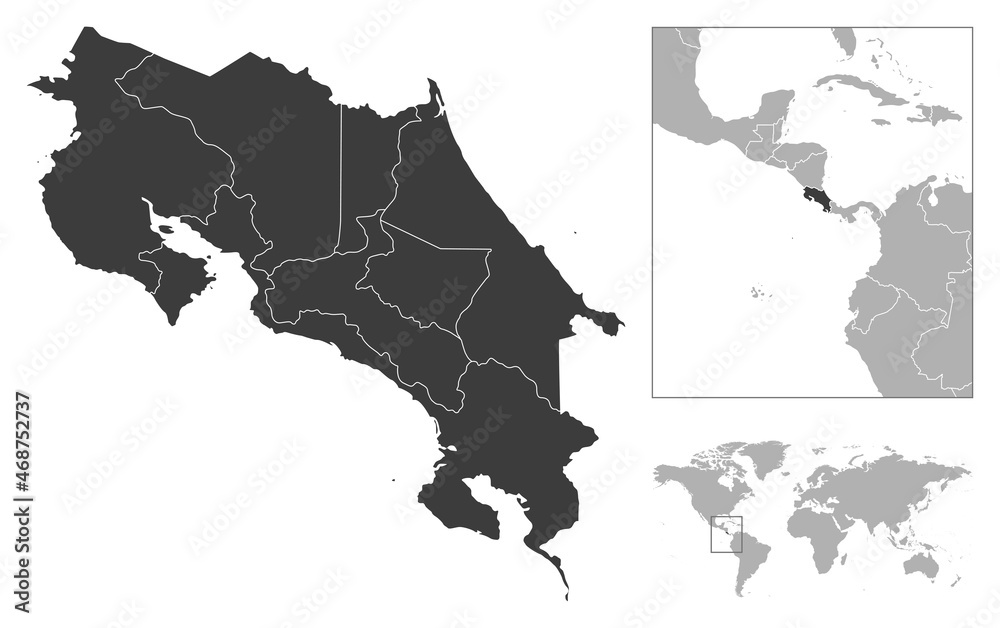 Costa Rica - detailed country outline and location on world map. Stock ...
