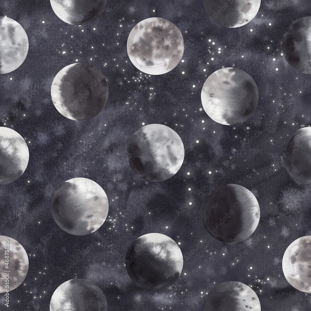 Watercolor seamless pattern of moon phases. Different phases of the ...