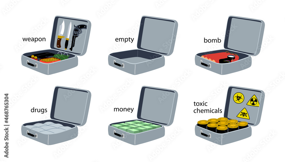 A set of suitcases with contraband, drugs, weapons, bombs, money and ...